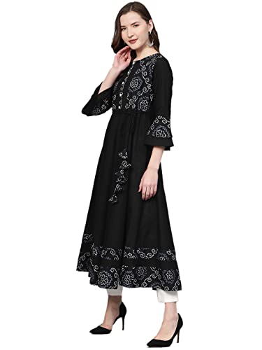 Yash Gallery Women's Cotton Slub Bandhej Print Anarkali Kurtis (Black)