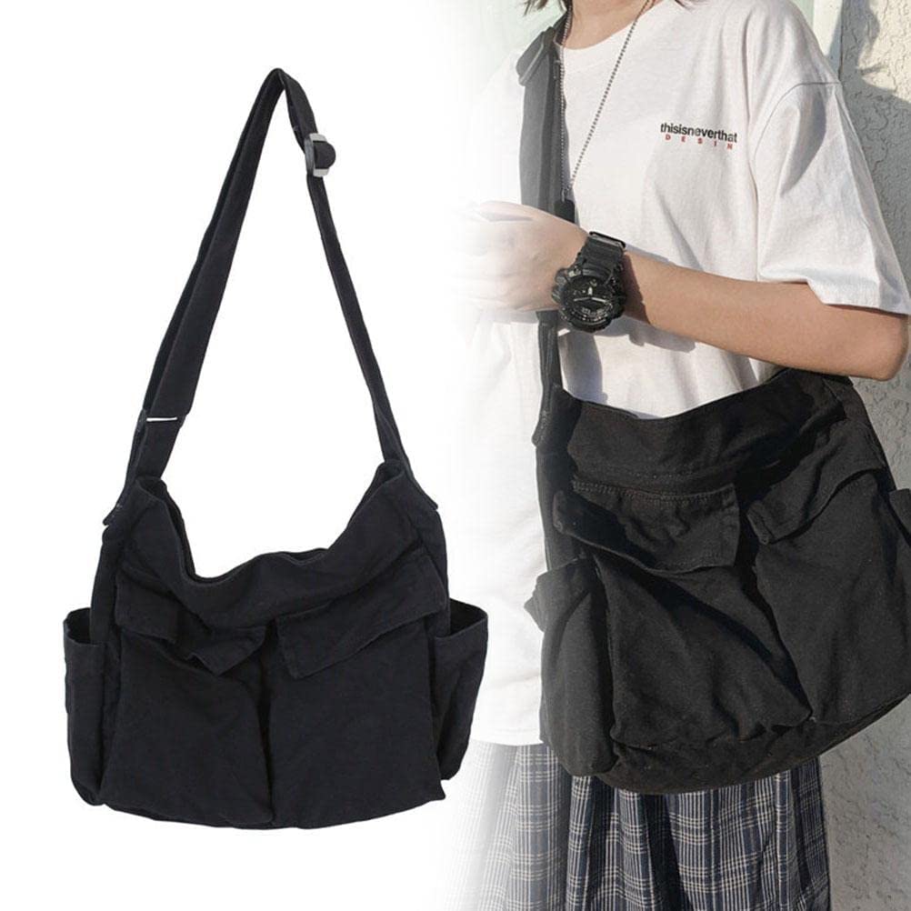 Messenger Bag Unisex Canvas Shoulder Bag Large Capacity Crossbody Bag with Multiple Pockets Vintage Hobo Shoulder Tote Bag (black)