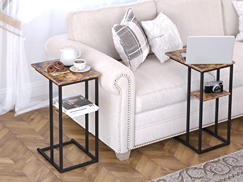 Yusong C Shaped End Table, Small Side Tables Slide Under Sofa Couch Bed, Small TV Tray Bedside Table for Small Spaces, Living Room, Bedroom, Brown