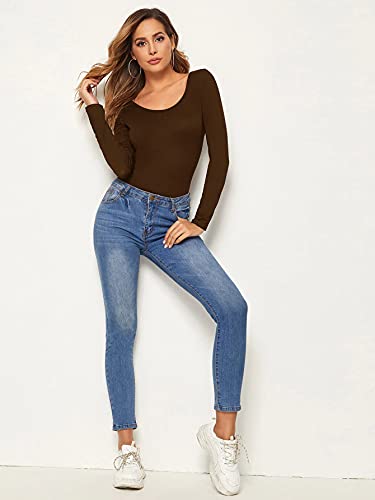 SweatyRocks Women's Long Sleeve Scoop Neck Basic Solid Slim fit Tee Shirt Top Solid Brown XL