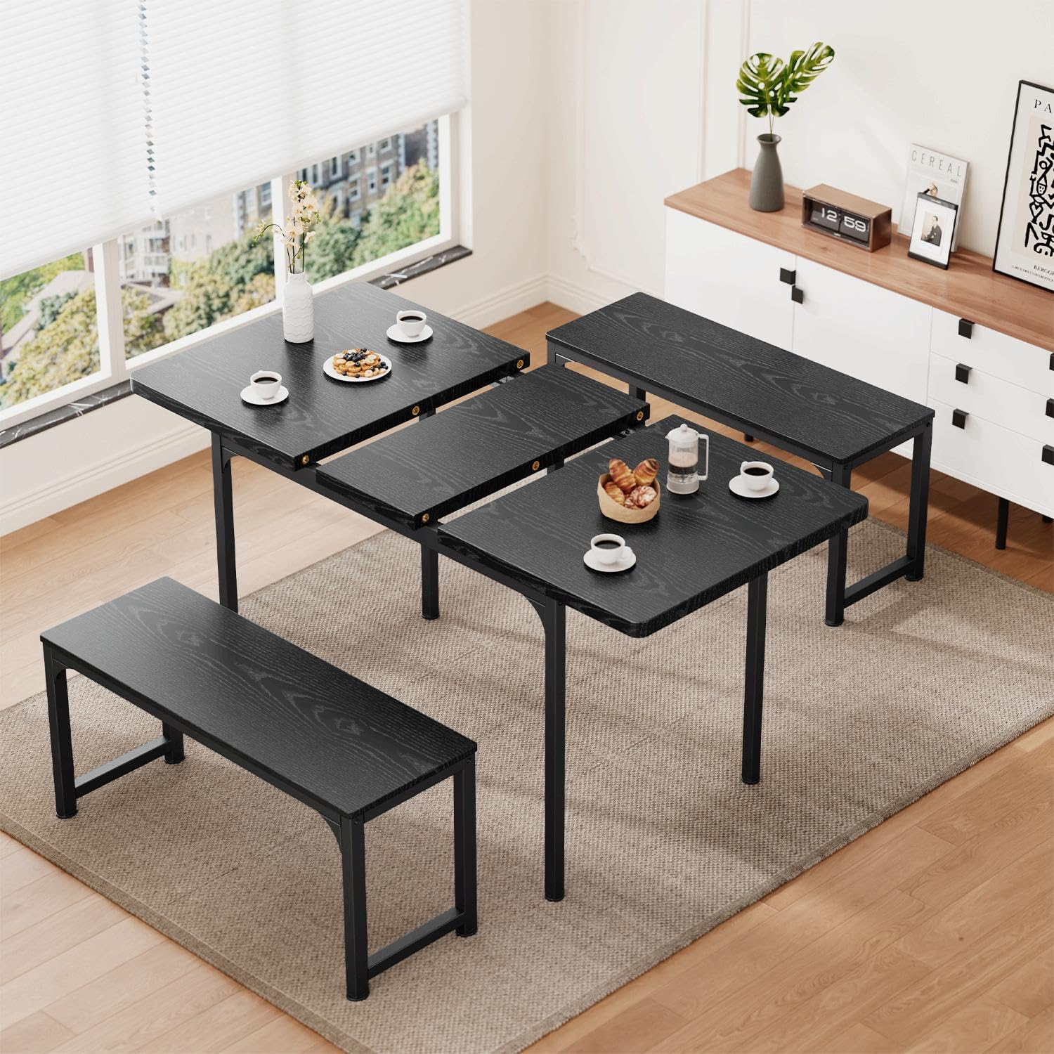 Gizoon Dining Table Set for 4 to 6, Extendable Kitchen Table Set with 2 Benches, Ideal for Small Spaces and Apartment Dining Gatherings, Black