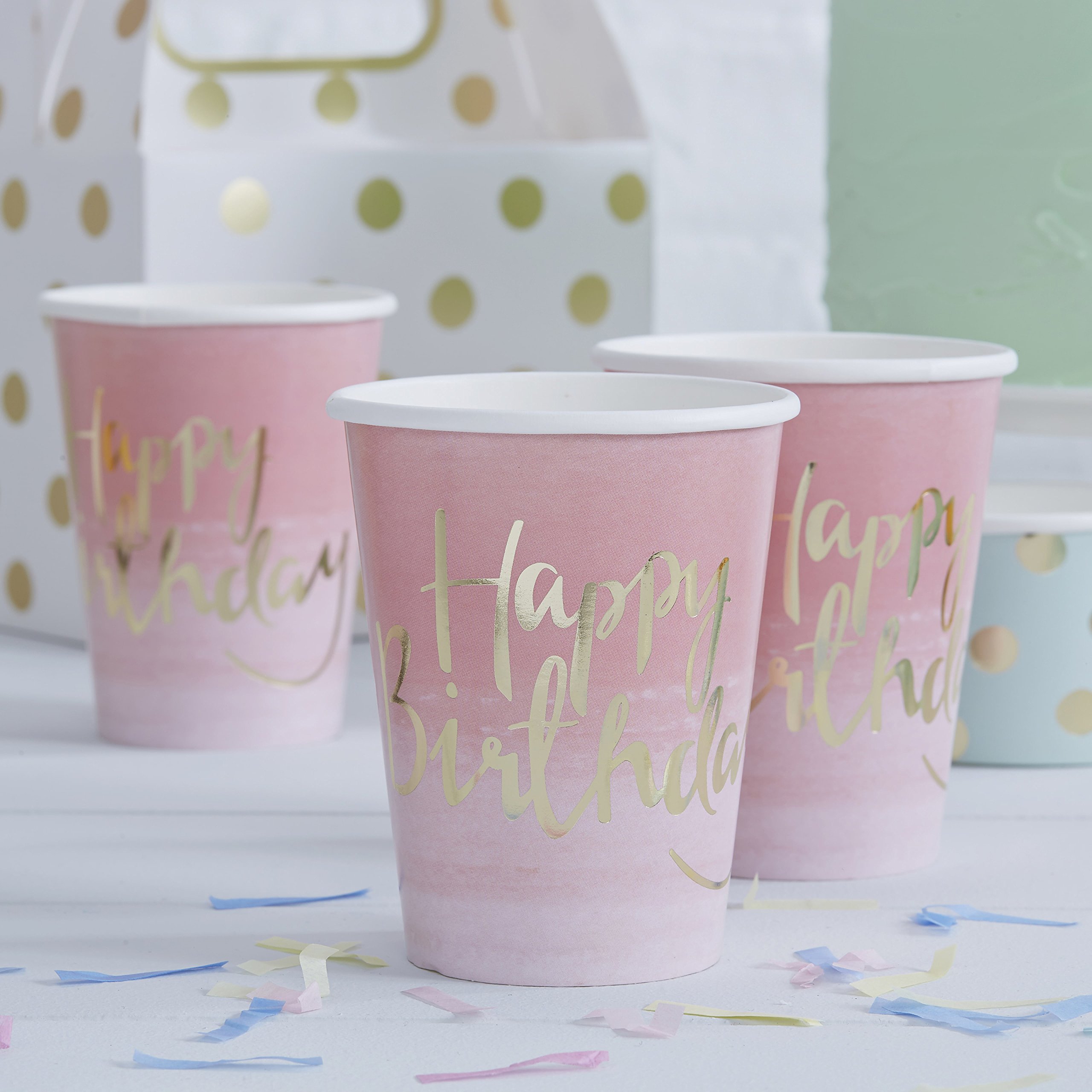 Ginger Ray Pink Ombre Happy Birthday Party Supplies Bundle | Paper Plates, Cups and Napkins