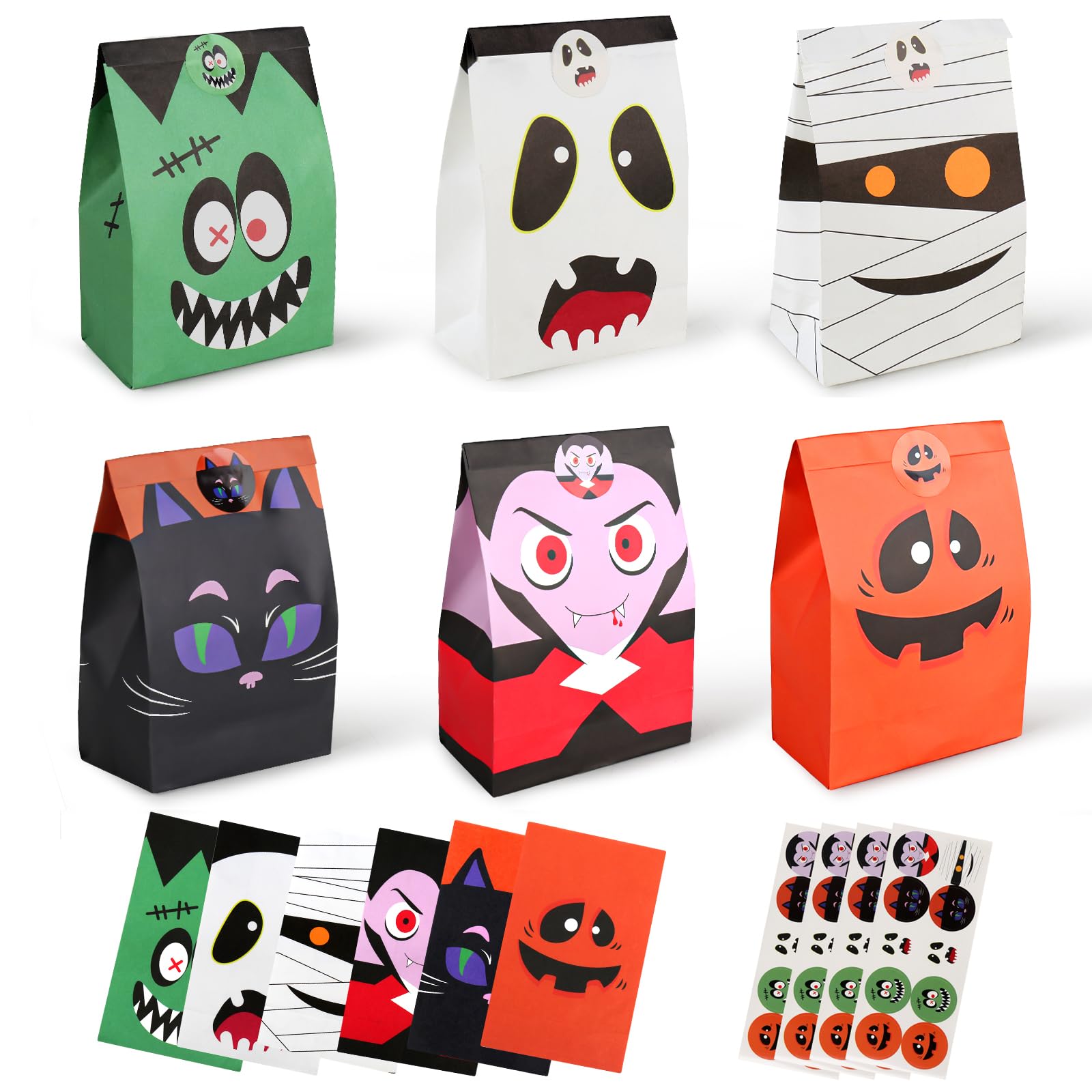 Rulyyo Halloween Goodie Bags with Stickers - 6 Design, 36 PCS Halloween Candy Bags Cute Halloween Treat Bags Halloween Paper Bags Trick or Treat Halloween Bags Halloween Party Favors Decorations