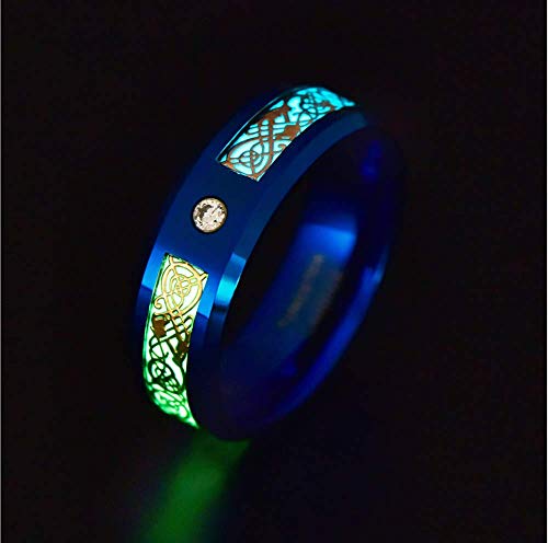Generic 8mm Glow in The Dark Dragon Ring Royal Blue Stainless Steel Wedding Band Celtic Dragons Aurora Luminous Ring (10)
