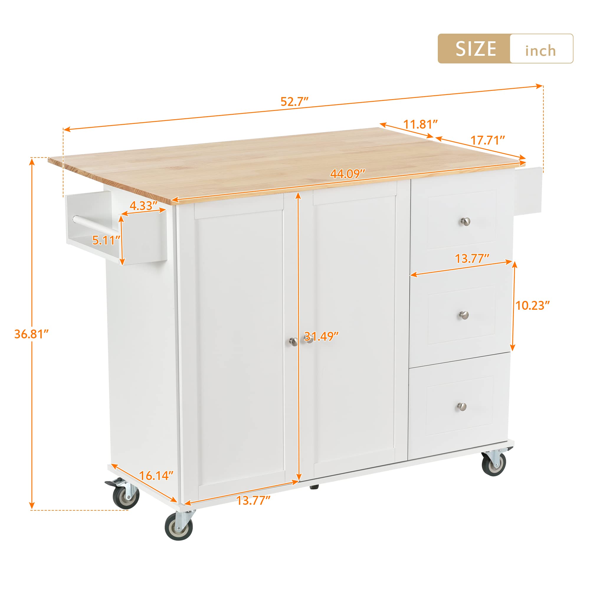GLANZEND 52.7" Rolling Mobile Kitchen Island Cart with Drop Leaf Wood Top, Adjustable Shelves Coffee Bar Trolley on Lockable Casters & Storage Cabinet & 3 Drawers for Dining Room, White