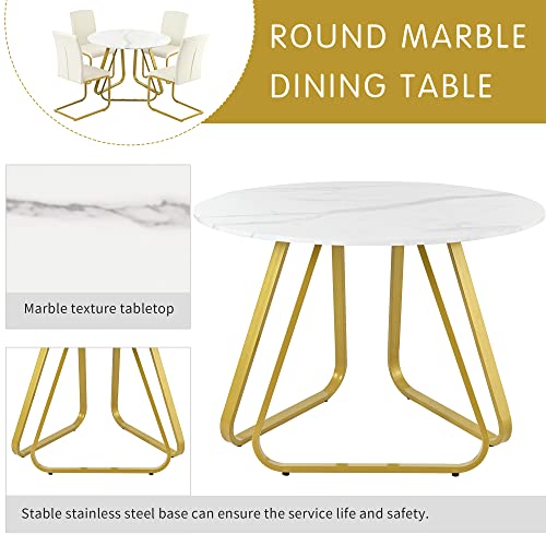 GLORHOME 4 5-Piece Round Set | Faux Marble Table | Four Chairs with Metal Legs | Versatile for Dining, Kitchen, and Living Room | White, White2
