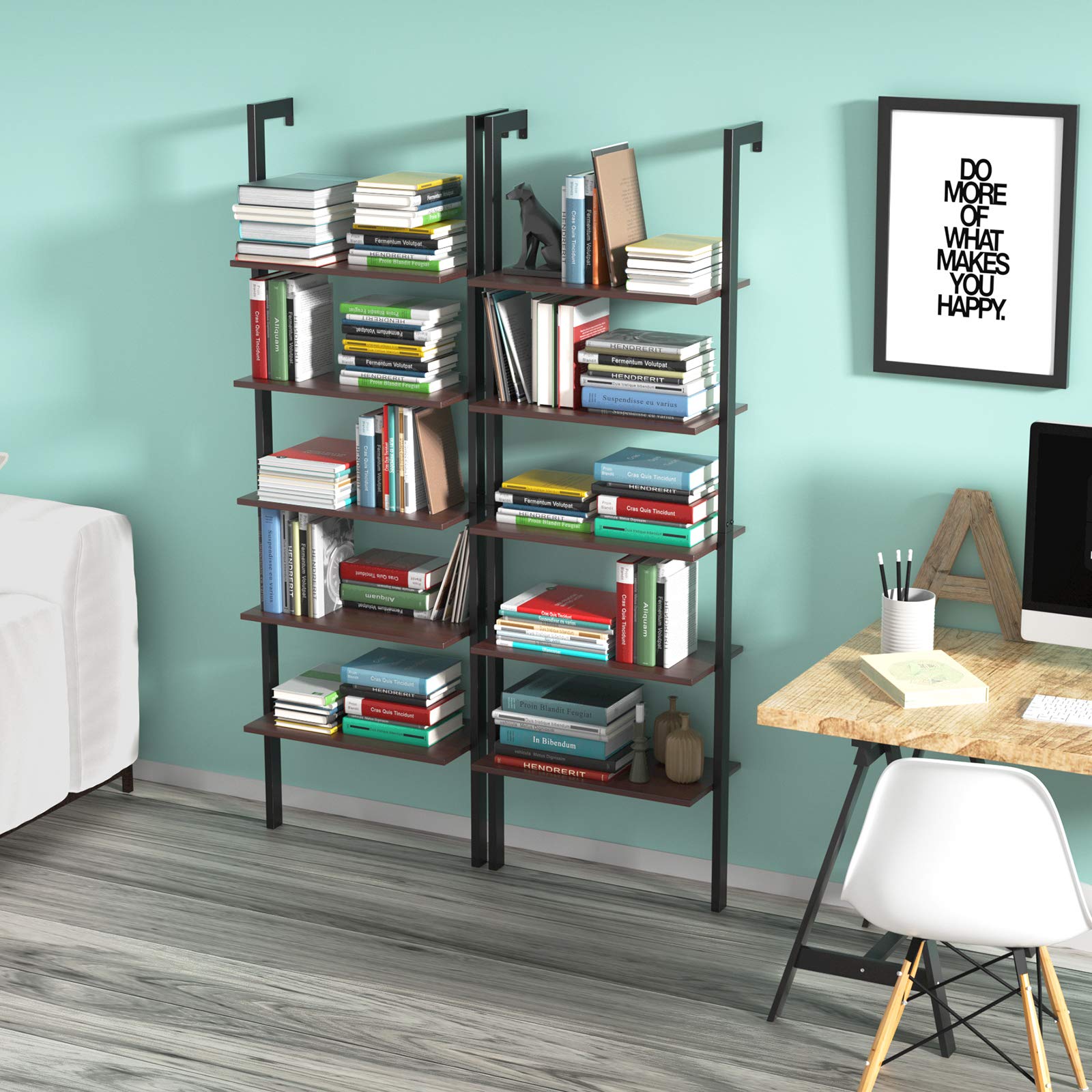 Tangkula Industrial Ladder Shelf Against The Wall, 5-Tier Ladder Bookshelf w/Metal Frame, 72 Inches Open Bookcase Plant Flower Stand Display Storage Rack for Home Office