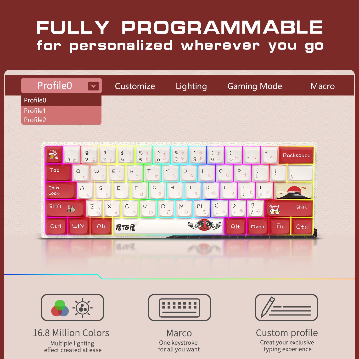 HITIME XVX M61 60% Mechanical Keyboard Wireless, Ultra-Compact 2.4G Rechargeable Gaming Keyboard, RGB Backlit Ergonomic Keyboard for Windows Mac PC Gamers(Izakaya Theme, Gateron Yellow Switch)