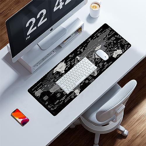 World Map Gaming Mouse Pad Large Mouse Pad for Desk,31.5 x 11.8inch Waterproof Desk Mat Extended Desk Pad XL,Mousepad with 3mm Anti-Slip Rubber Base and Stitched Edge,Keyboard and Mouse Pad Black