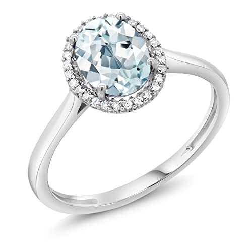 Gem Stone King 10K White Gold 8X6MM Oval Gemstone Birthstone & White Diamond Halo Engagement Ring | Wedding Anniversary Promise White Gold Ring For Women | Size 5,6,7,8,9