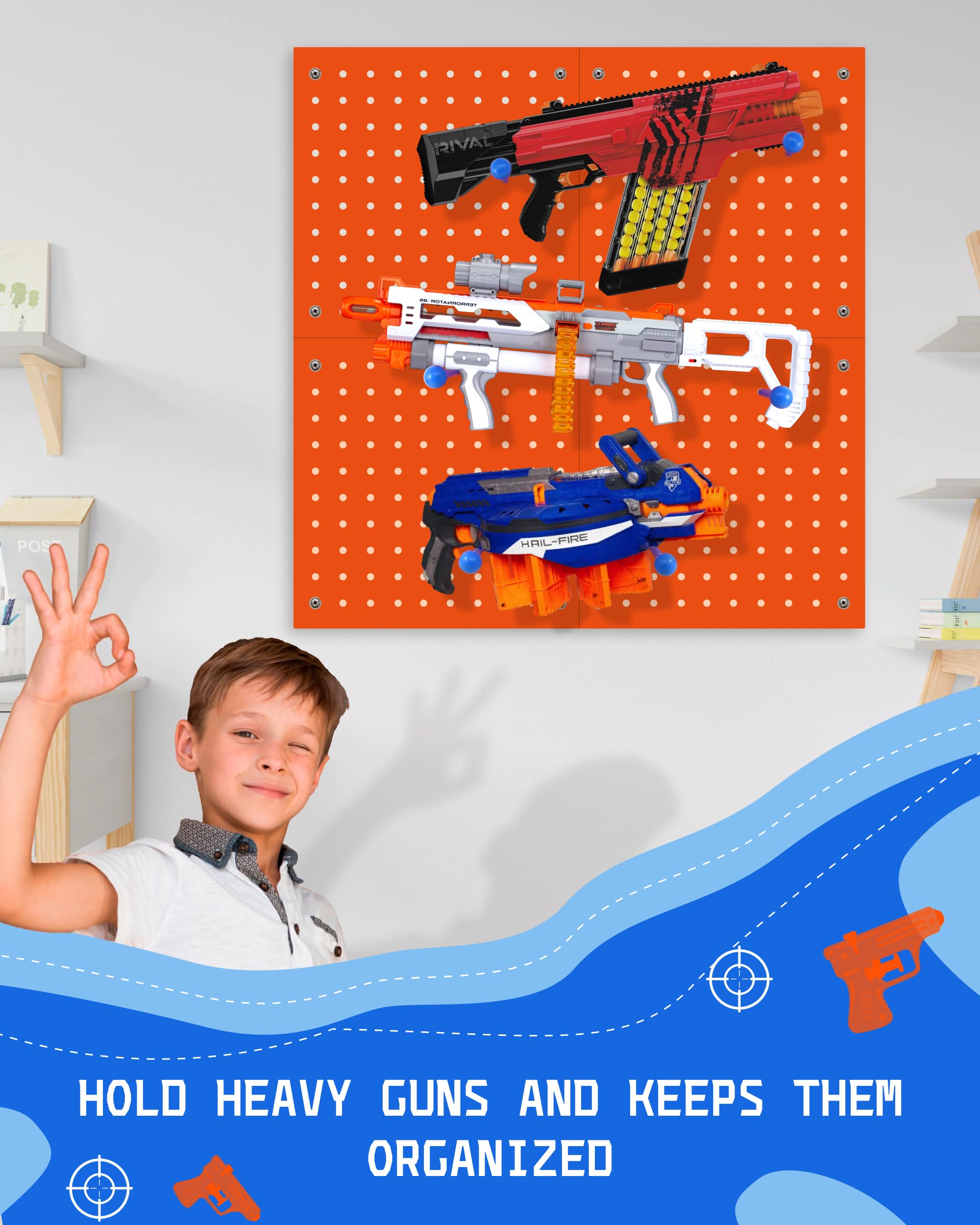Skywin Peg Board for Nerf Gun Storage Organizer - Hanging Holder Compatible with All Blasters Nerf Gun Rack Organizer for Wall Organization (Orange)