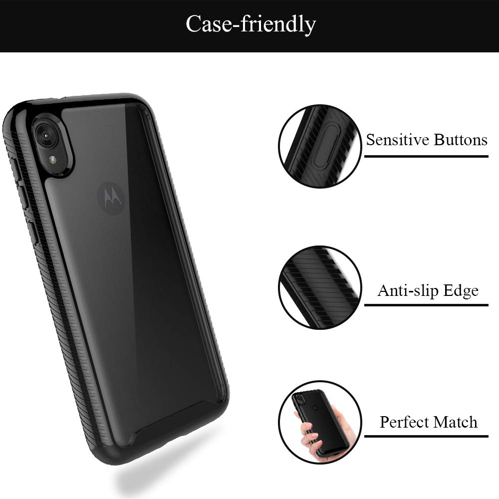 HATOSHI Motorola Moto E6 Case with Built-in Screen Protector, Heavy Duty Protection Crystal Clear Back Shockproof Rubber Bumper Protective Phone Case Cover for Moto E6 5.5 inches -Black