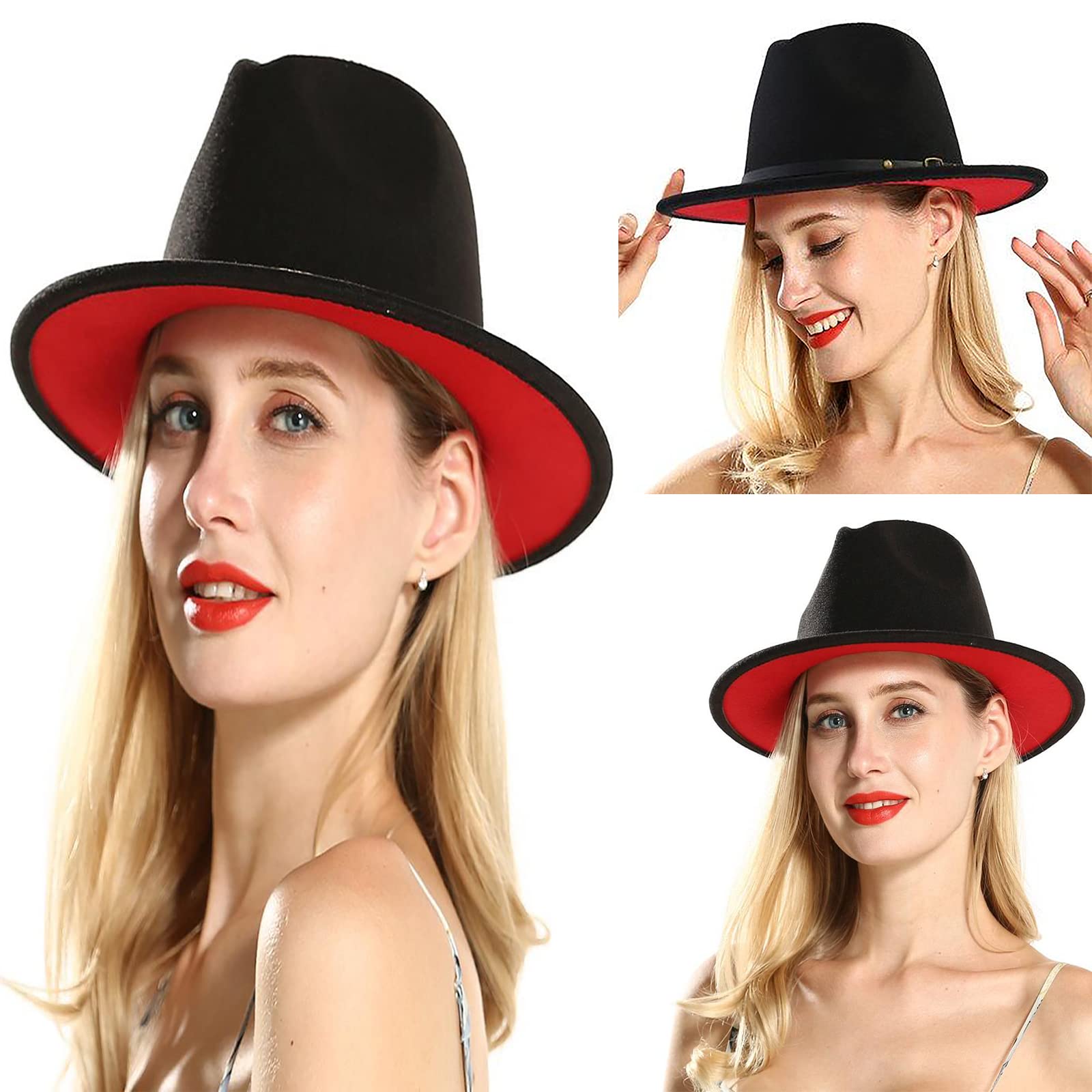INOGIH Black Red Bottom Fedora-Hat-for-Women and Men Wide-Brim Patchwork Two-Tone Panama-Hats with Belt