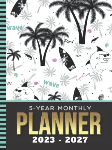 Hardcover 5-Year Monthly Planner 2023-2027: Dated 8.5x11 Calendar Journal / Personal Diary With To Do Lists - Goal - Reminder - Note Sections / New ... Surfer Shark - Ocean Animal Art Pattern