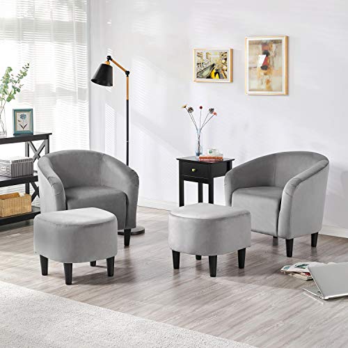 Yaheetech Accent Chair with Ottoman Foot Rest, Mid Century Modern Upholstered Soft Barrel Chair, Comfy Fabric Armchair and Footrest Set for Living Room/Bedroom/Reading Room, Gray