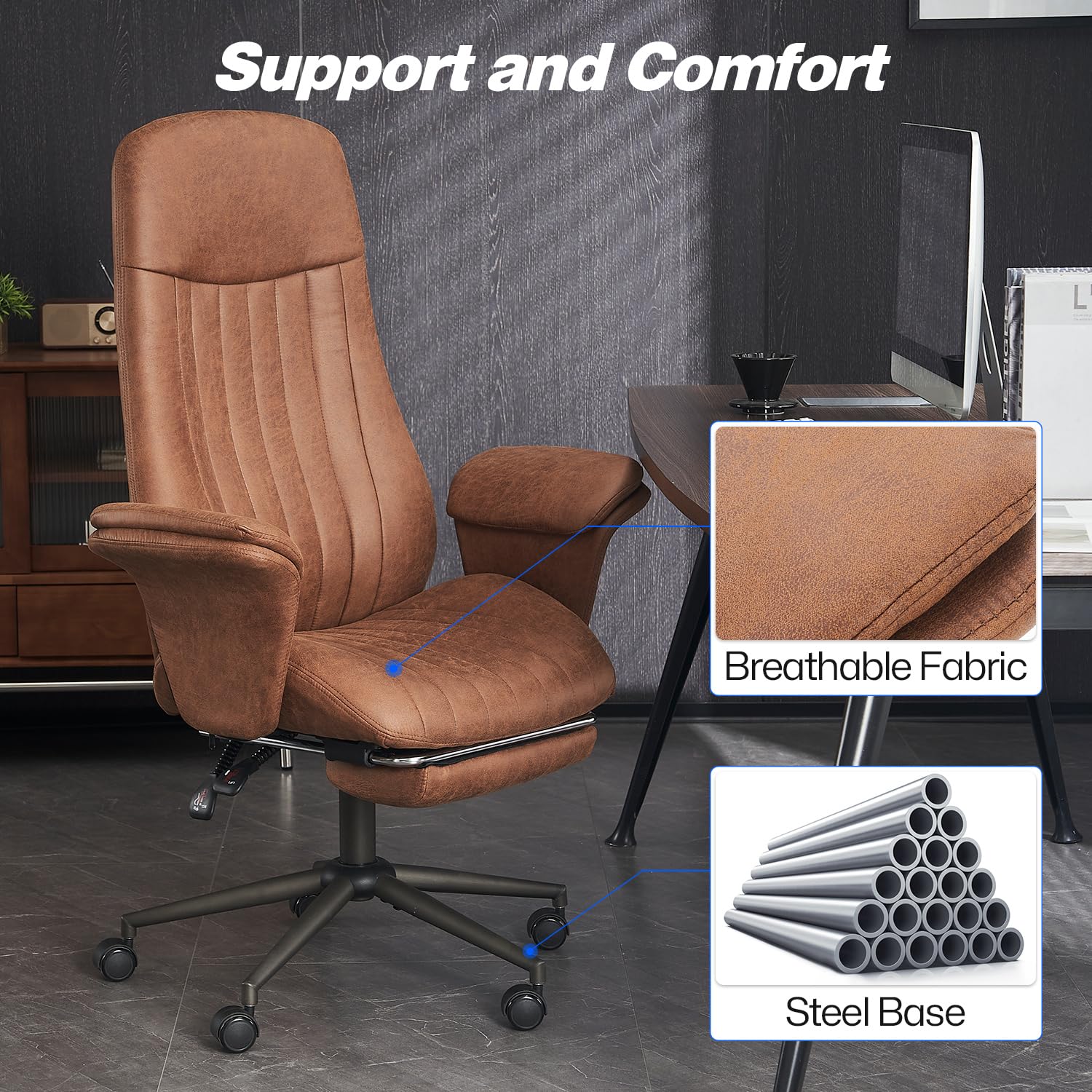 Tall Home Office Desk Chair with Ottoman, High Back Ergonomic Office Chair with Arms, Height Adjustable Swivel Modern Task Chair, Executive Desk Chair, Computer Chair for Living Room(Coffee)