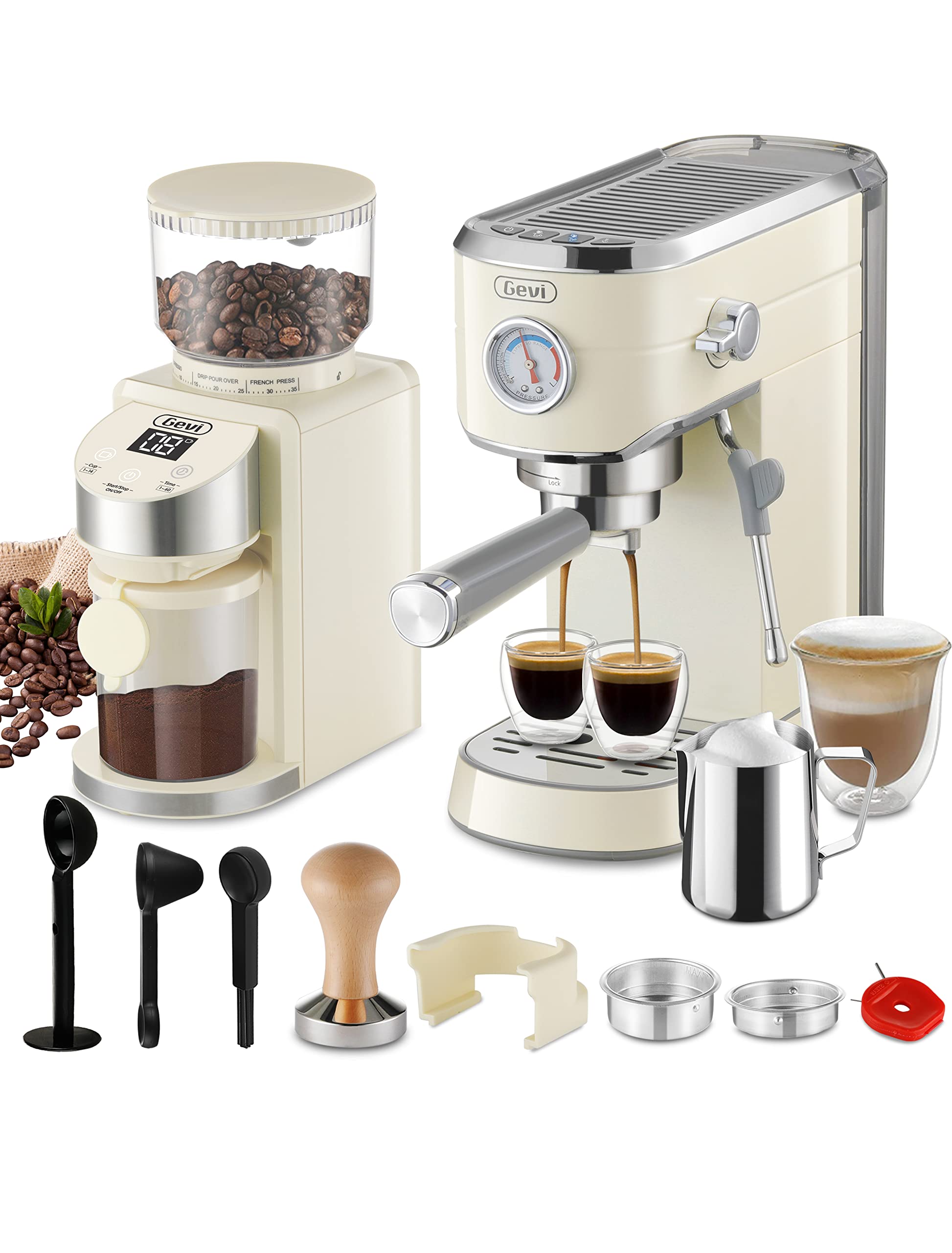 Gevi 20 Bar Professional Espresso Machine with 35 Precise Grind Settings Burr Coffee Grinder, GECME022-U