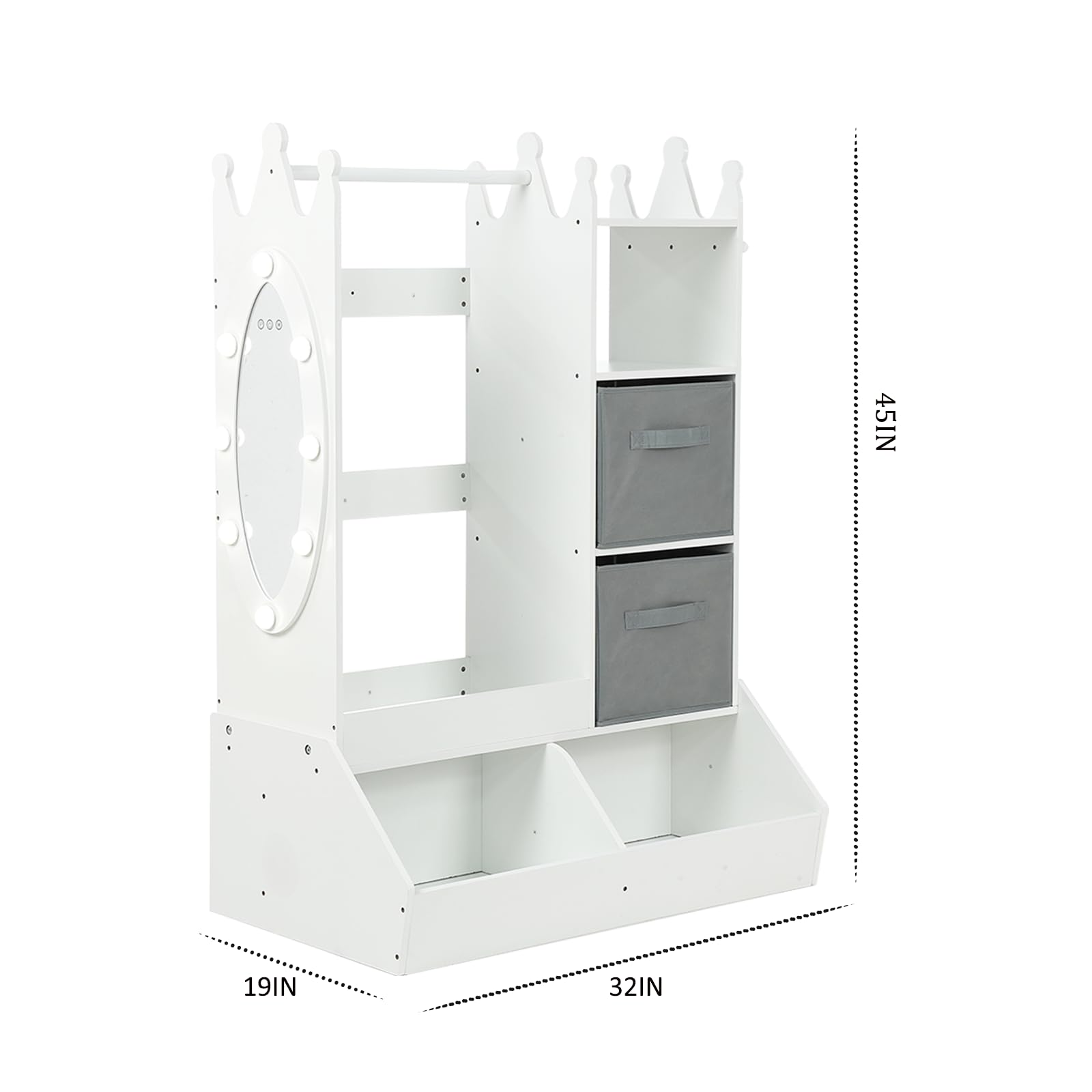 White Dress-Up Storage for Girls - Includes Light, Mirror, Clothing Rack with Bin, and Open Hanging Armoire Closet