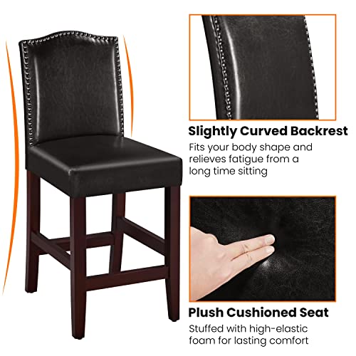 Yaheetech Bar Stools Kitchen Counter Height Stools 26 Inch High Back Leather Pub Chairs Wood Wooden Barstools Brown, 4PCS (Package 2)