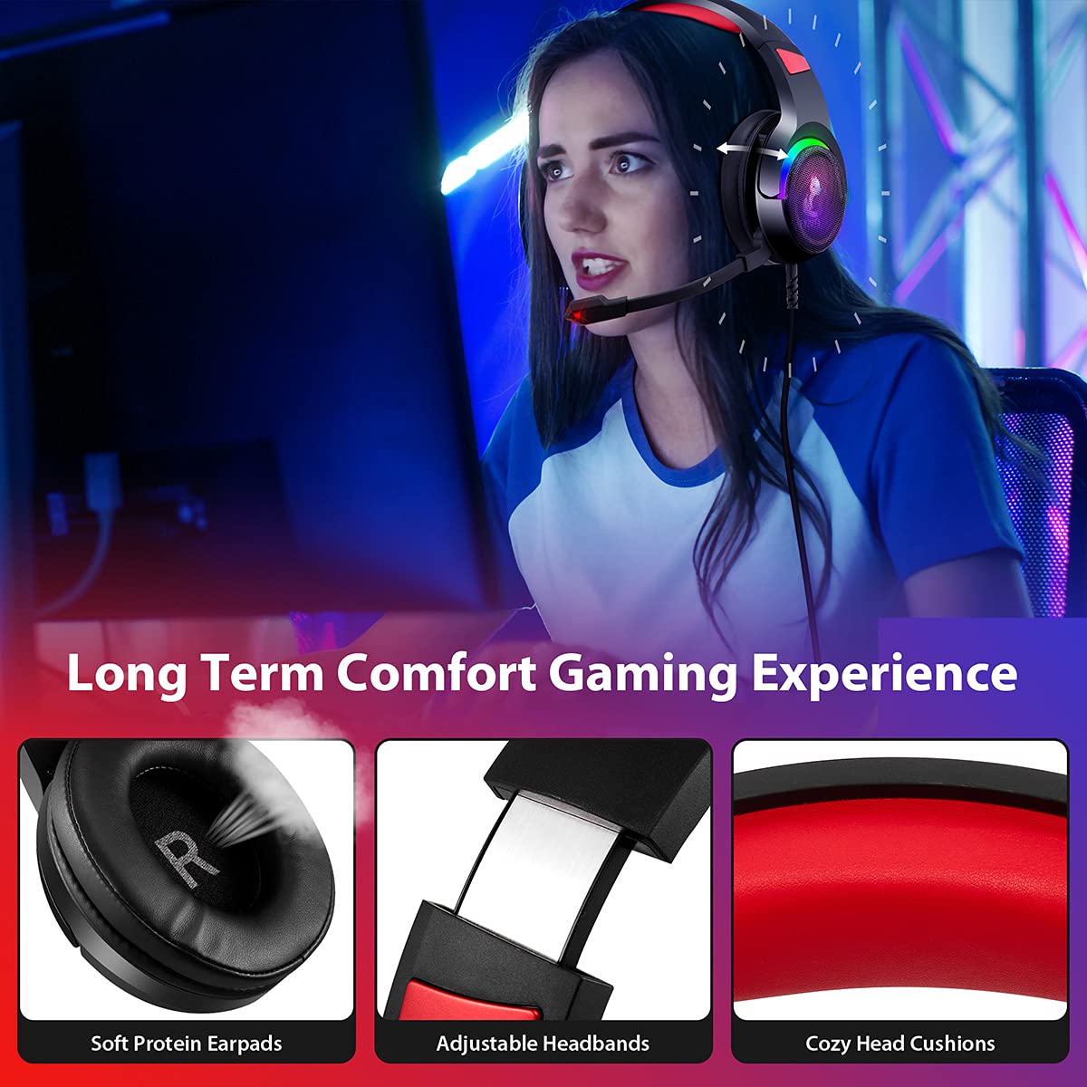 Gaming Headset for PC with Mic PS4/PS5 Xbox One,ENVEL Over-Ear Headphones with Volume Control RGB LED Light Cool Stereo,Noise Reduction for Laptops,Smartphone,Computer