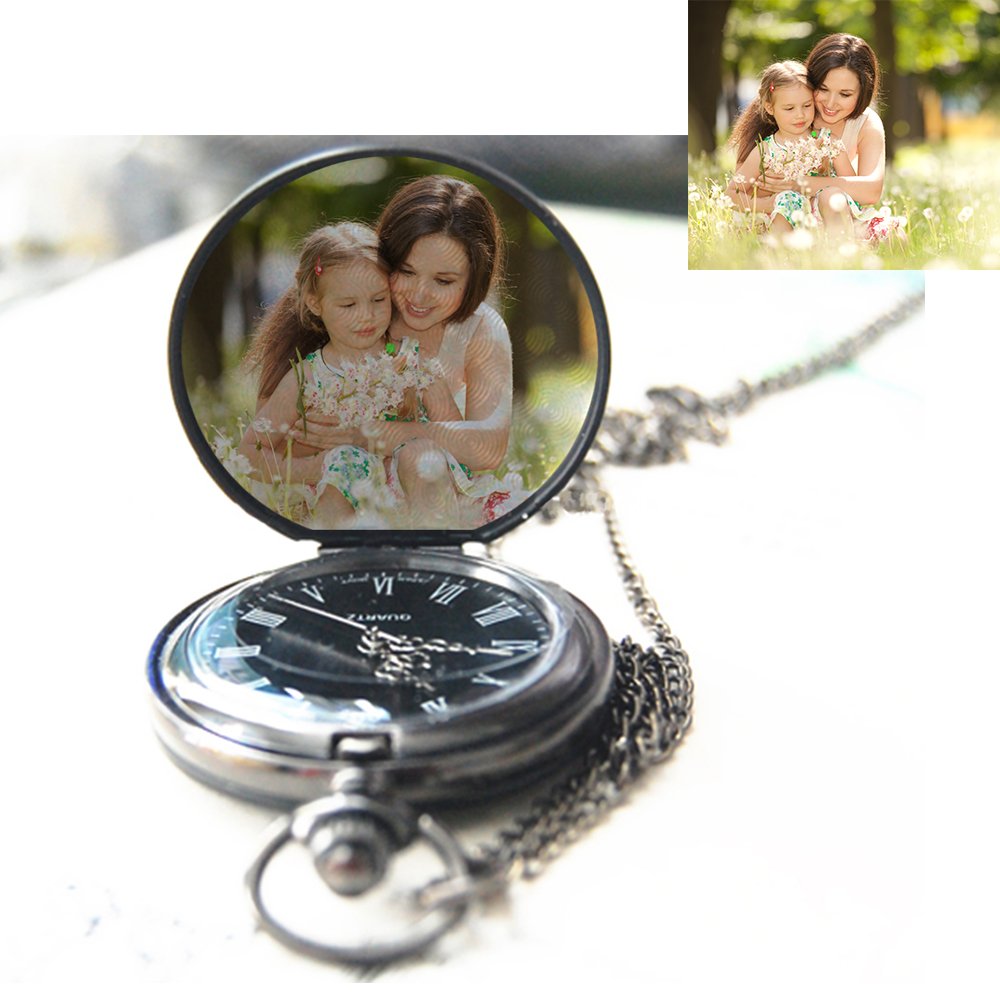 Godchoices Personalized Pocket Watch Custom Photo Pocket Watch with Chain for Men/Women Engraved with Any Words, A Great Gift for Father and Boyfriend. (Black)