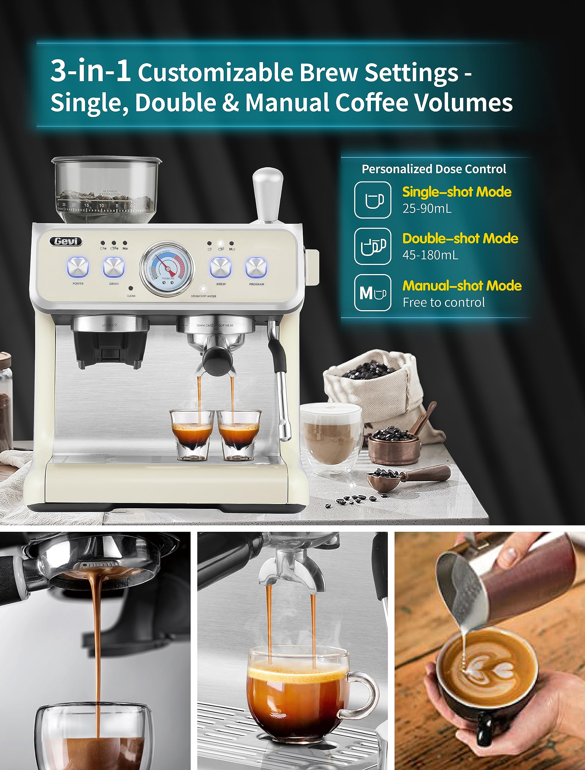 Gevi Espresso Machine & Coffee Maker - 20Bar Semi Automatic Espresso Machine With Grinder & Steam Wand – All in One Espresso Maker & Latte Machine for Home Dual Heating System