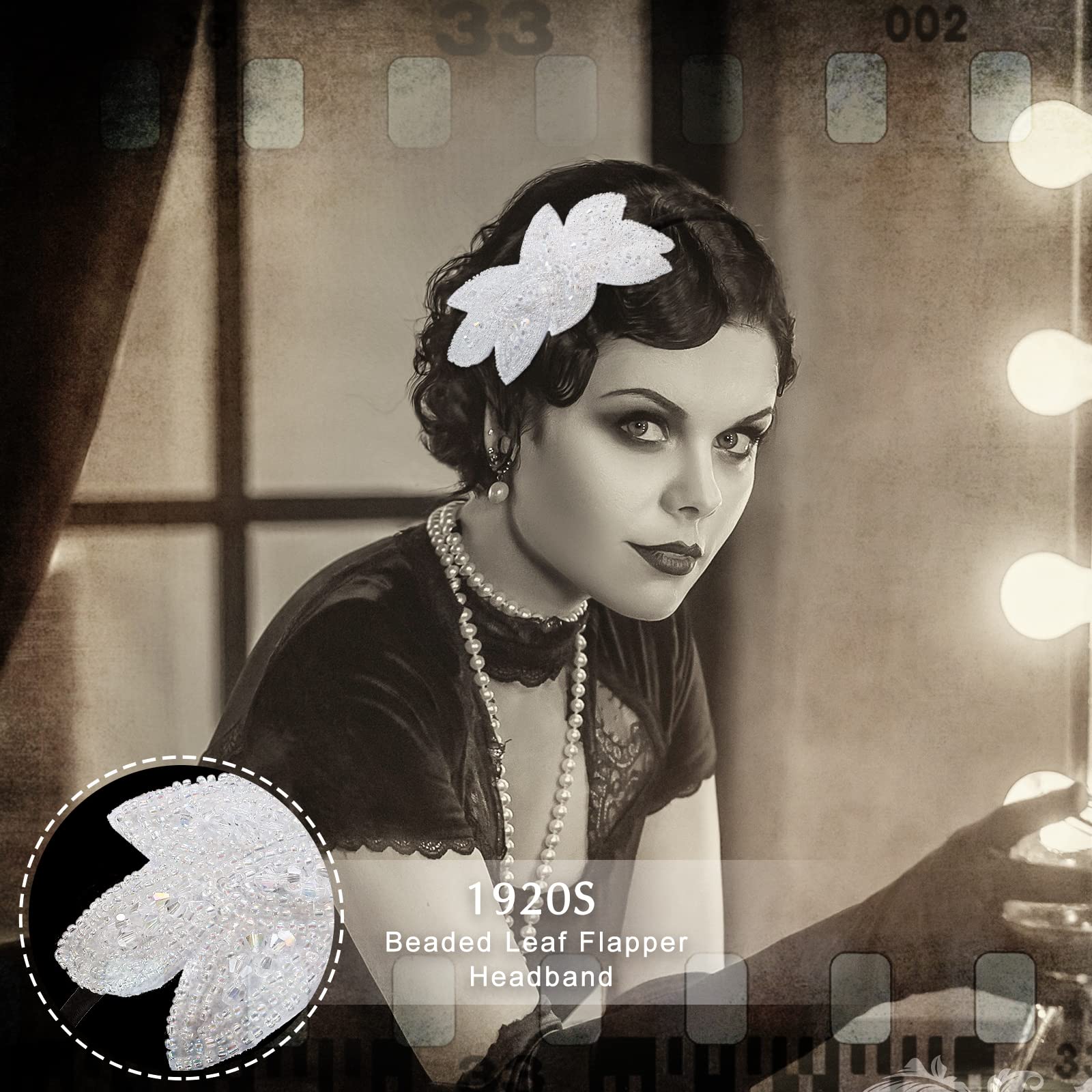Jutom Flapper Headband 1920s Headbands for Women 3 Pieces Black Headpiece Beaded Leaf 1920s Accessories (Silver, White, Black)
