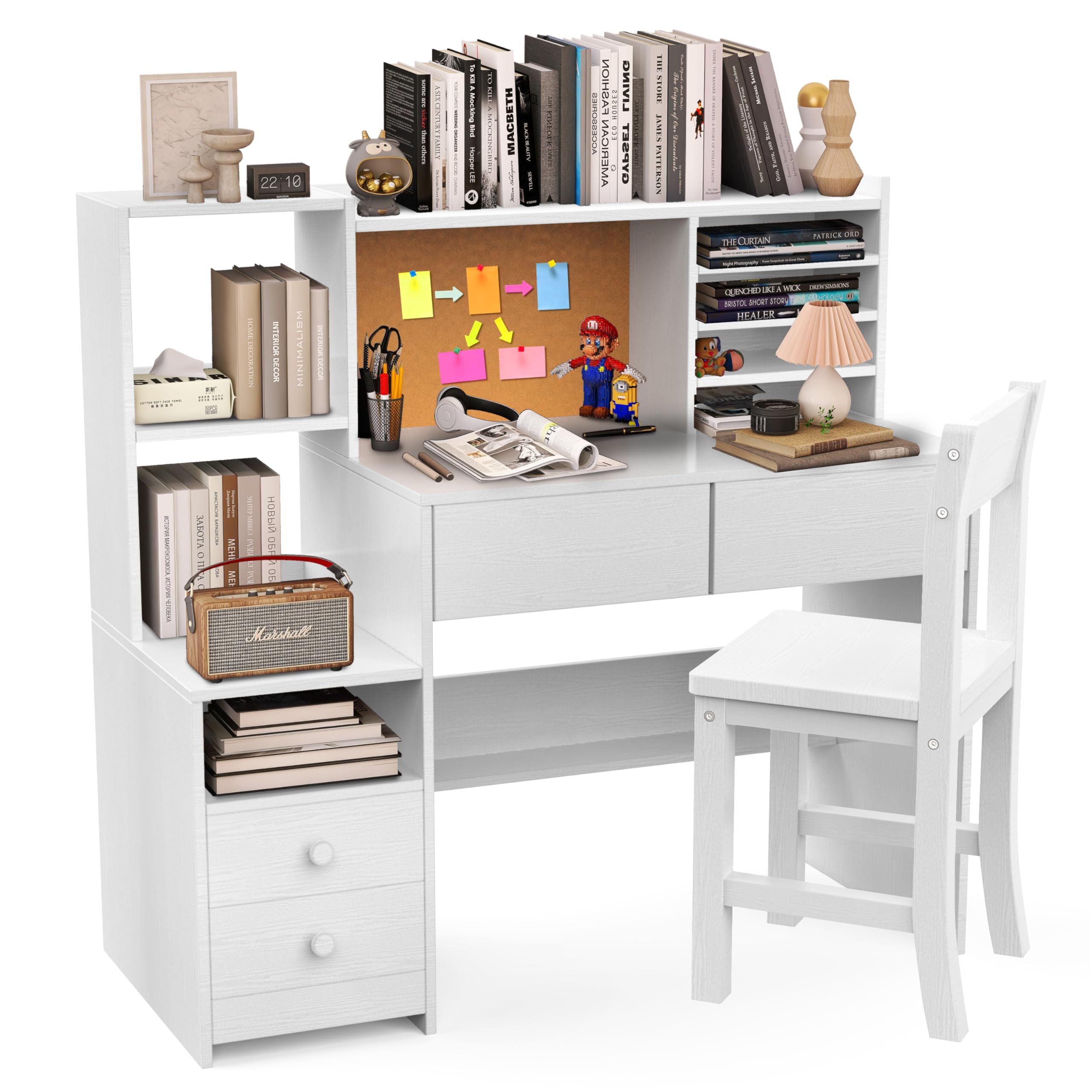 RUPOLX Pink Kids Desk and Chair Set for 5-12 Year Old, Childrens Computer Desk with 4 Drawers, Kids Study Table with Storage Shelf-wWUFPY