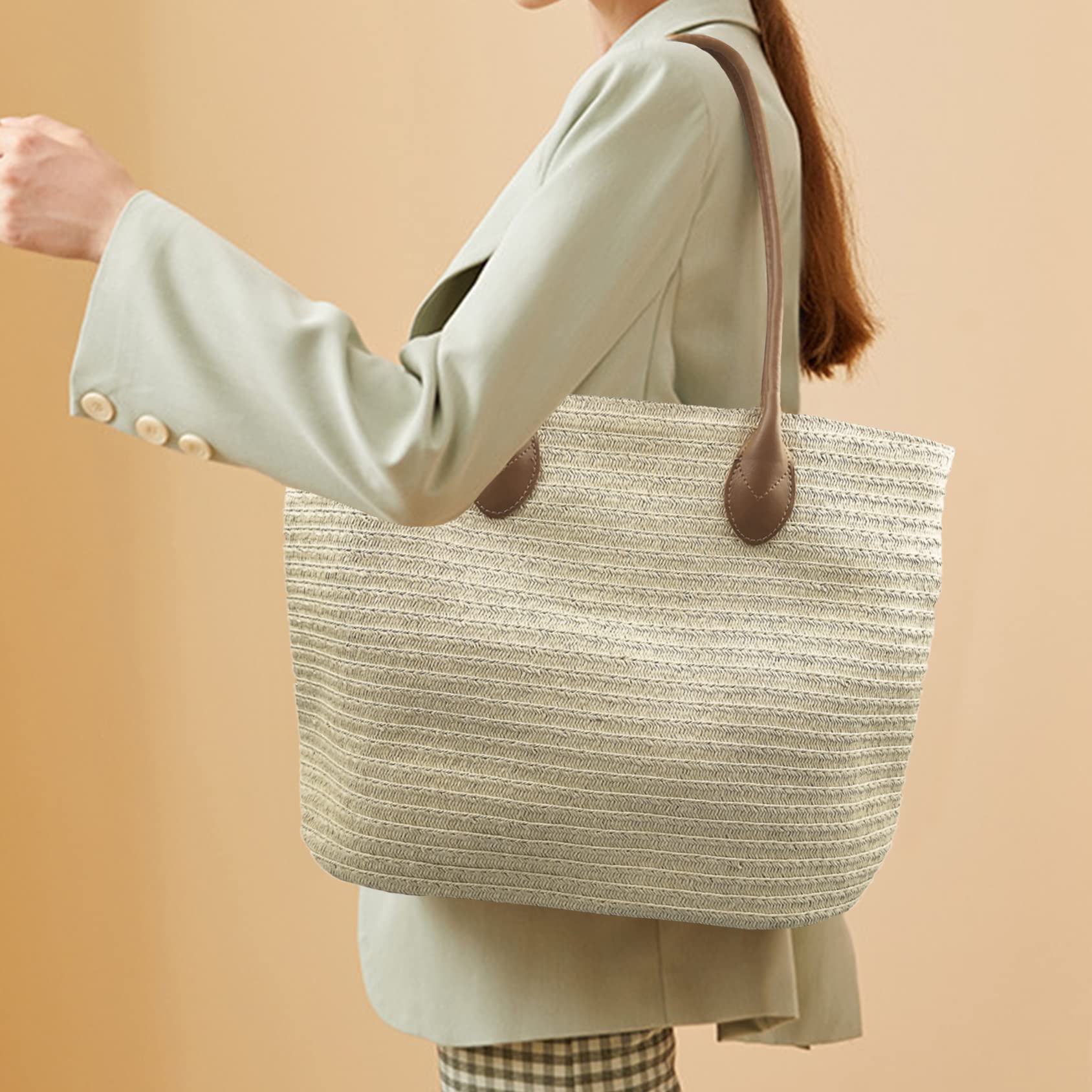 HJYFYL Women Straw Bag Summer Straw Beach Bag Large Handbag Straw Tote Bag Woven Bags (Beige)