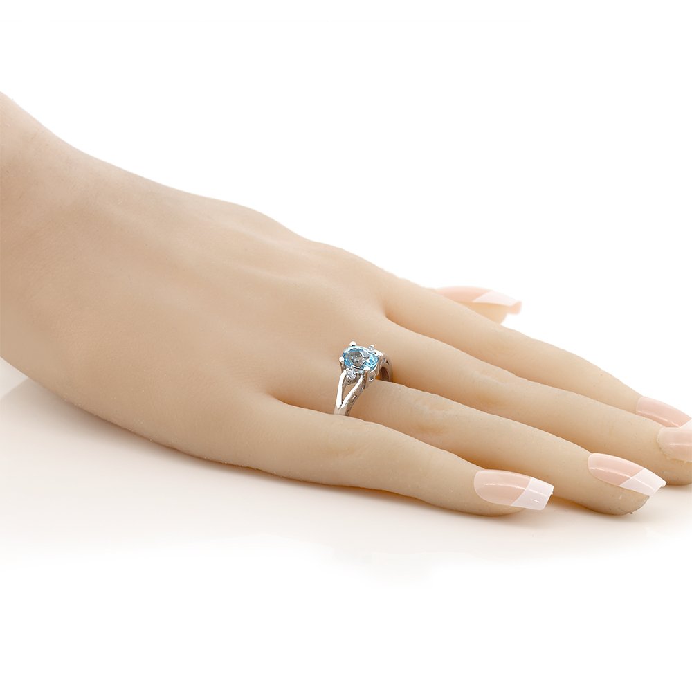 Gem Stone King 925 Sterling Silver Swiss Blue Topaz and White Topaz 3-Stone Ring For Women (1.80 Cttw, Center: 8X6MM Oval, Gemstone Birthstone, Available In Size 5, 6, 7, 8, 9)