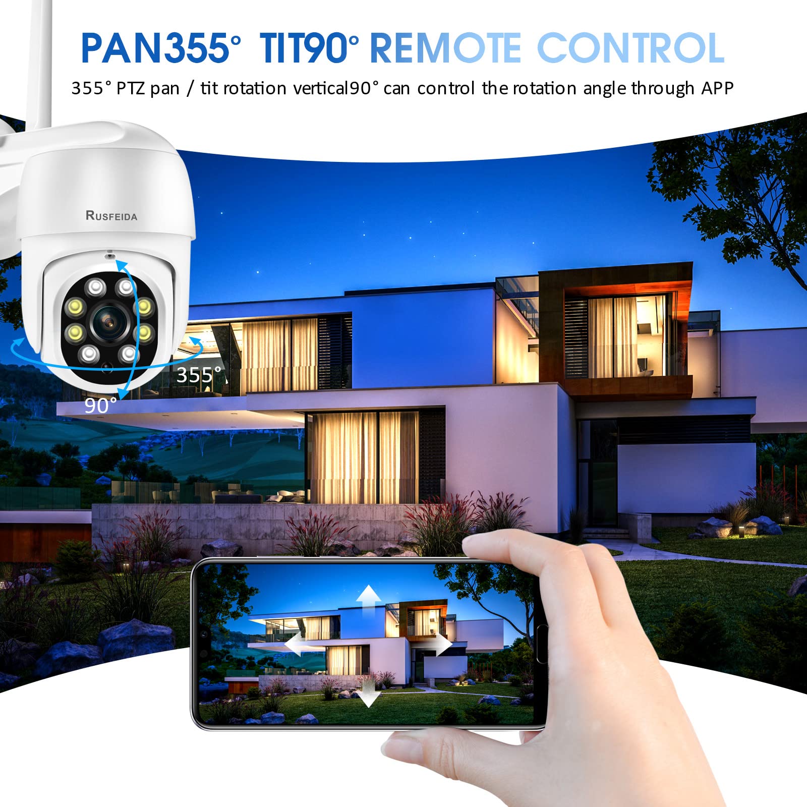 RUSFEIDA 2K 3MP Security Camera Outdoor, Cameras for Home Security Outside Outdoor PTZ Wireless WiFi 2.4G, IP66 Waterproof, Color Night Vision, 2-Way Talk, Auto Tracking, Siren Alarm