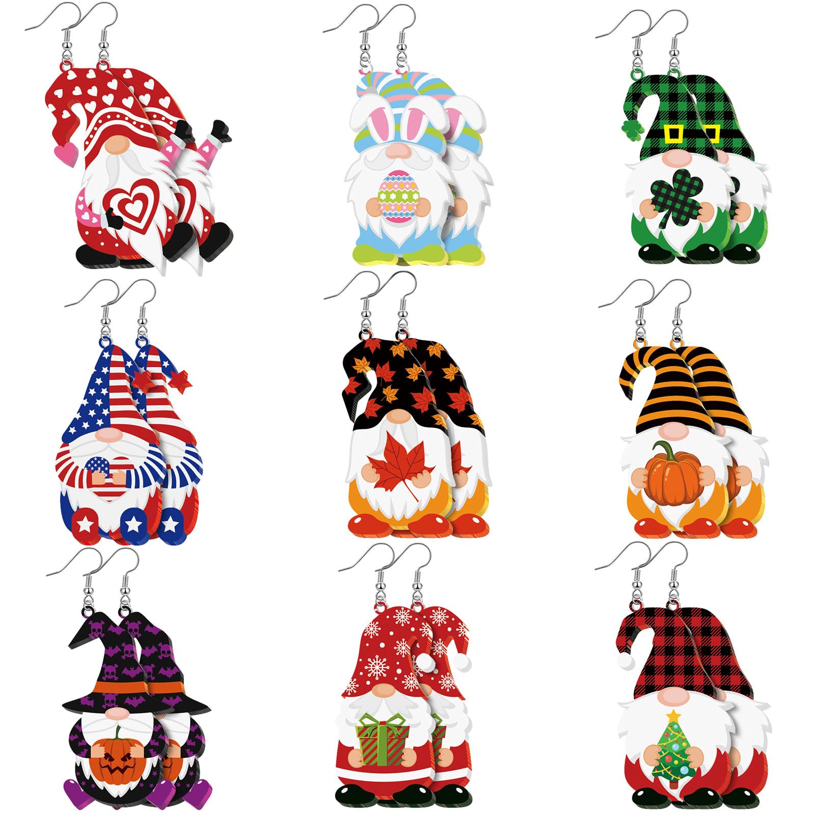 Glenmal 9 Pairs Fall Gnome Earrings for Women Thanksgiving Halloween Jewelry Gift Holiday Women's Acrylic Drop and Dangle Earrings(Festive Style)