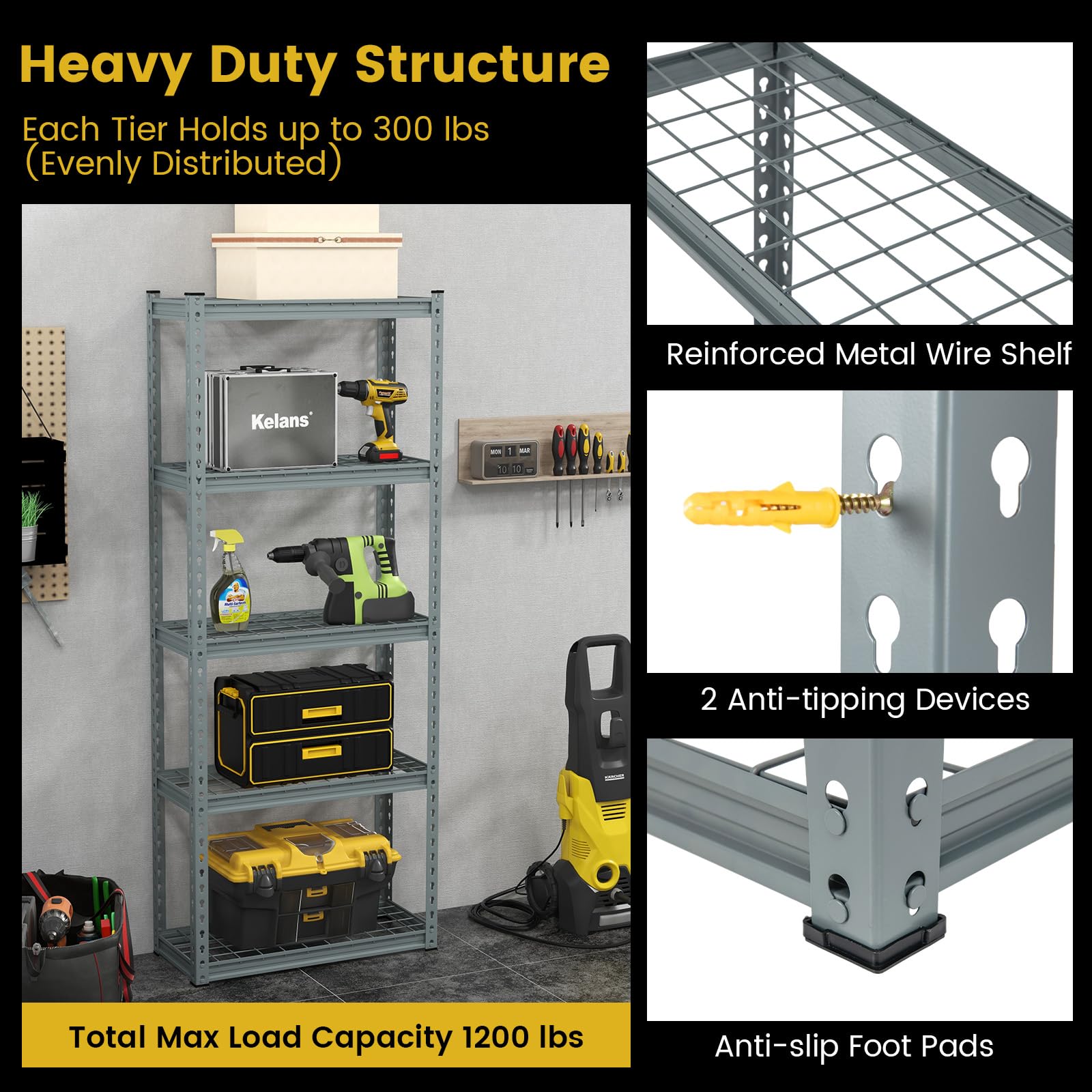 Tangkula 5-Tier Garage Storage Shelves, Heavy Duty Metal Storage Shelving Unit, Adjustable Utility Storage Rack Organizer for Warehouse Kitchen Pantry Basement, 27.5" L x 12" W x 66" H (1, Gray)