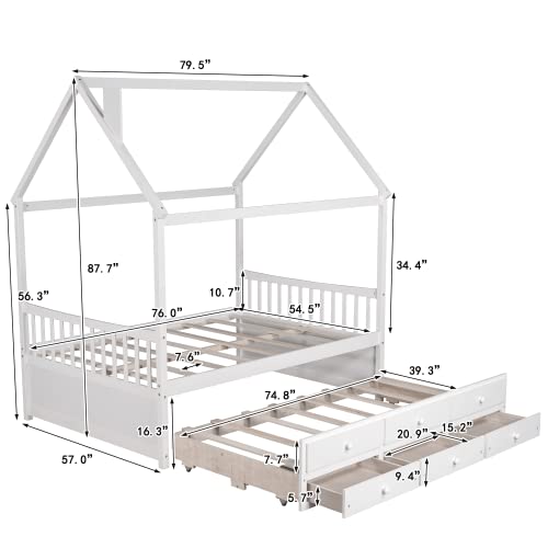 YuiHome Full House Bed with Trundle and 3 Storage Drawers, Full Captain's Beds Wooden Storage Daybed Frame for Kids Teens Boys Girls,No Box Spring Needed,White