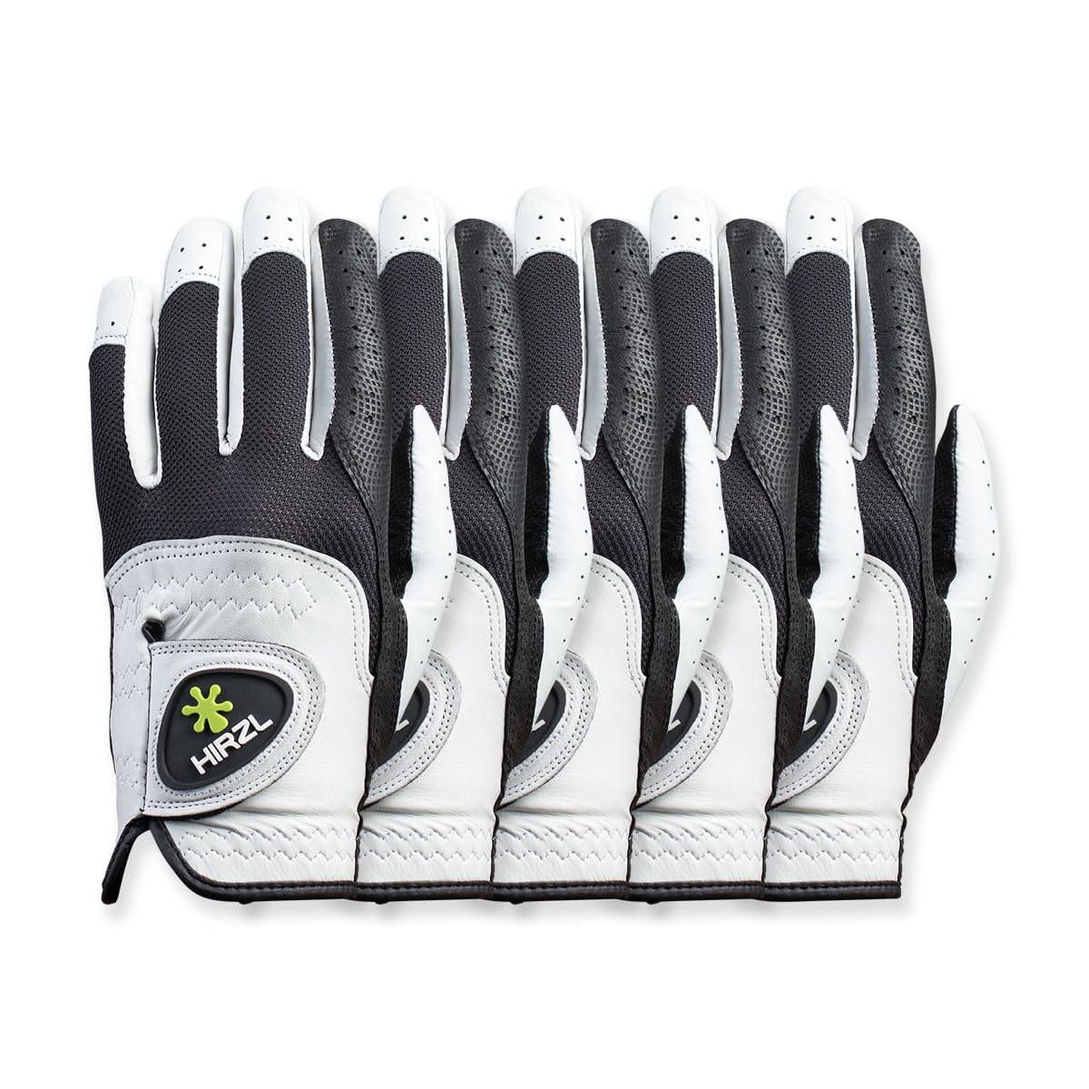 HIRZL Trust Control 2.0 – Men's All-Weather Golf Glove (White/Black) | Kangaroo Leather Palm | Cabretta Leather Backhand - Trusted by Pro’s, Medium, Worn Left Hand (Pack of 5)