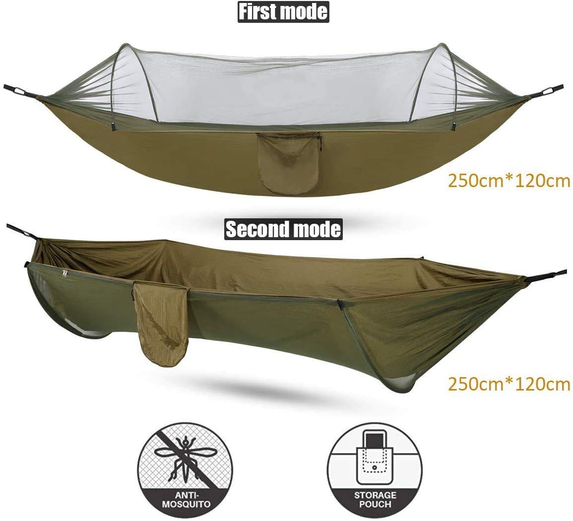 Hammock with Mosquito Net, 2 Person Outdoor Travel Hammock Lightweight Nylon Portable Hammock with Net and 2 x Tree Straps for Camping Hiking (Army Green, 250 120cm)