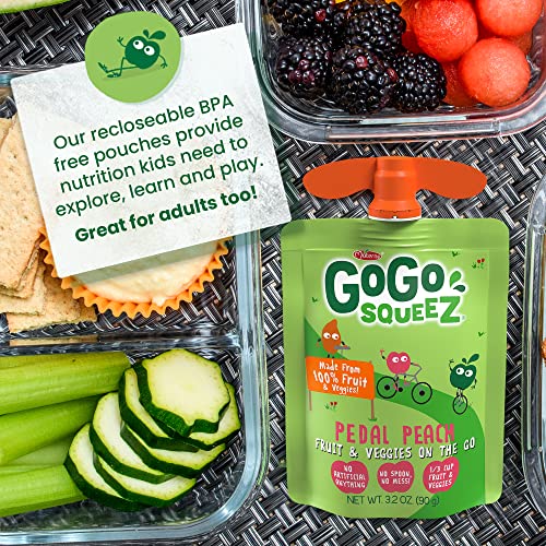 GoGo SqueeZ Fruit & VeggieZ Variety Pack, Pedal Peach and Boulder Berry, 3.2 oz (Pack of 20), Unsweetened Snacks for Kids, Gluten Free, Nut Free, Dairy Free, Recloseable Cap, BPA Free Pouches