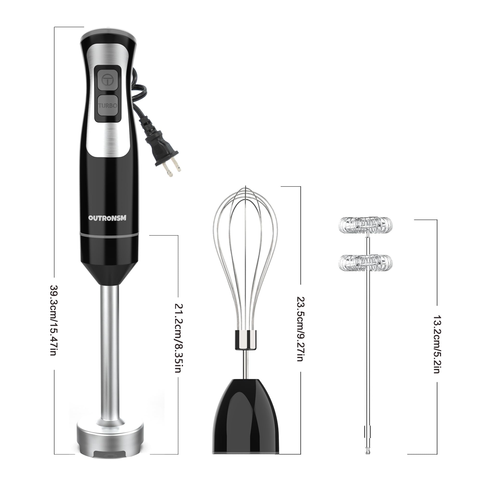 Immersion Blender Handheld, OUTRONSM Hand Blender with 4-point thickened SS blades, Milk Frother, Egg Whisk for Coffee Milk Foam, Puree Baby Food, Smoothies, Sauces and Soups โ Black
