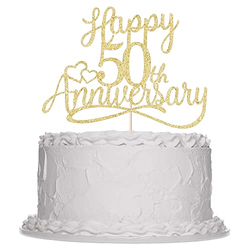 Sleyberoy Glitter Happy 50th Anniversary Cake Toppers -Wedding Anniversary Party Decorations, 50th Wedding Anniversary, Company Anniversary Party, Birthday Party Decorations (50thGold)(Fifty)