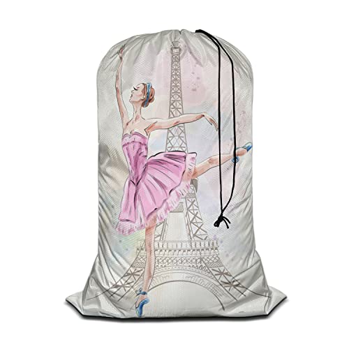 Swono Beautiful Ballerina Large Travel Laundry Bag Washable Wet Dry Bag Large Dirty Clothes Bag Dancer Posing Dancing on Eiffel Tower Bathing Suit Workout Bag for Gym Clothes Laundry Wet Clothes