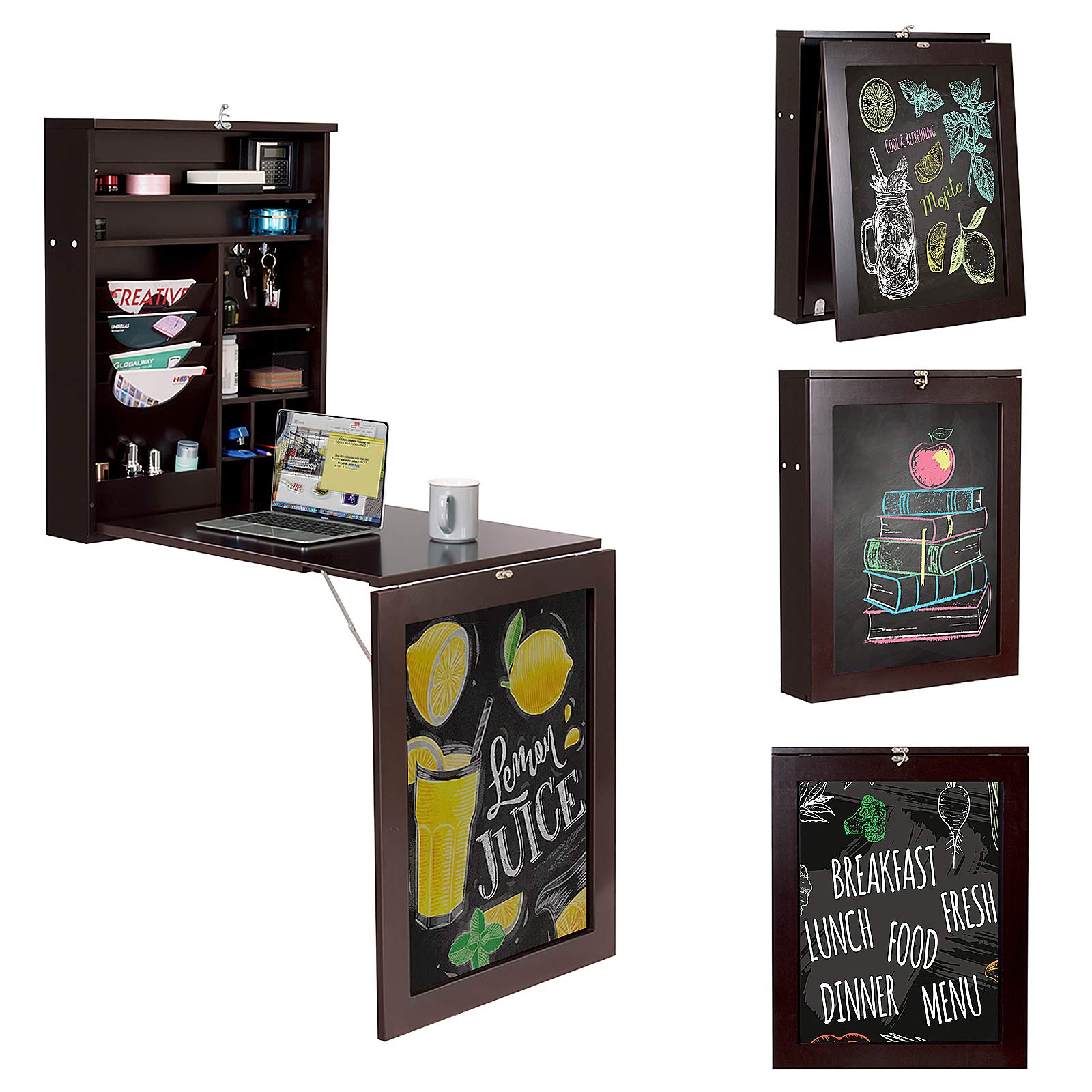 Tangkula Wall Mounted Desk, Floating Desk with Chalkboard, Space Saving Fold Up Wall Convertible Desk, Multi-Function Wall Mounted Table with Storage Shelves & Hooks(No Assembly Required)