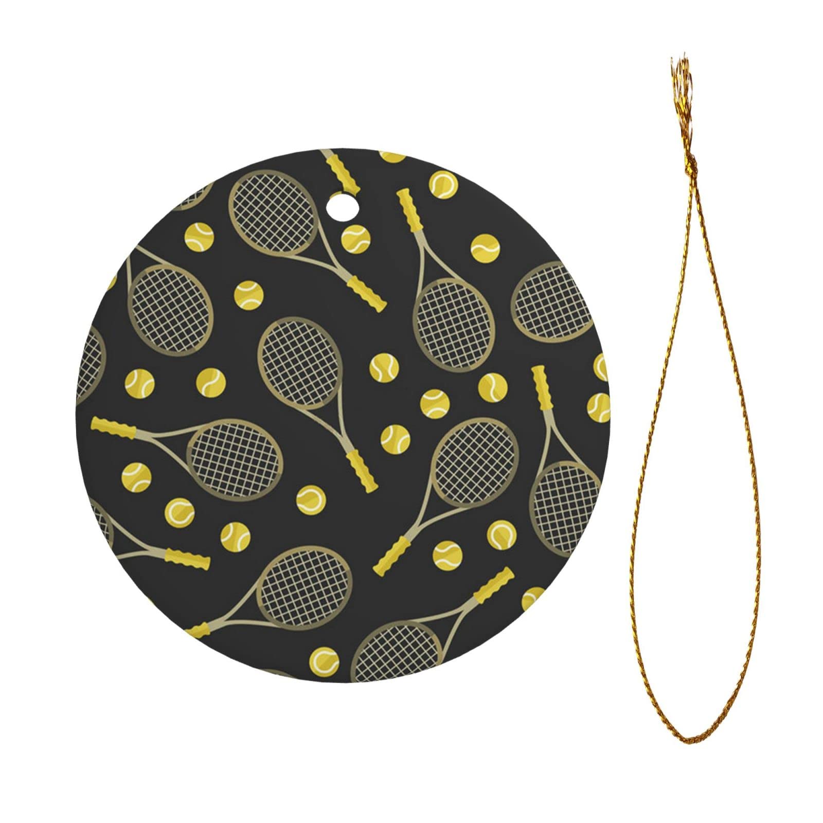 Funny Tennis Racquets and Tennis Balls Print Christmas Tree Ceramic Hanging Round Shaped Xmas Tree Pendants Gatherings Party Deco