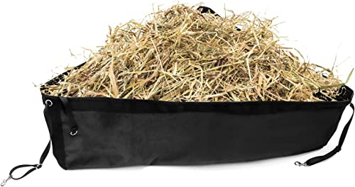 QWORK Hay Feed Bags for Horse, Large Capacity Corner Hay Bag, Reduces Waste, with Mesh Bottom and Snap Closure, for Horse Trailer Stalls, Black