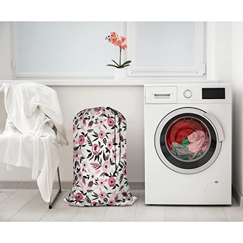 Swono Watercolor Sketch Poppy Large Laundry Bag Washable Large Dirty Clothes, Leaf Repeating Pattern Drawstring Organizer Bag, Fit Hamper Basket Camp Travel Home Dorm, Pink Black