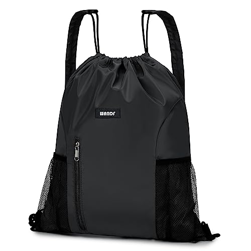 WANDF Drawstring Backpack with Shoulder Pad Sports Gym Backpack with Mesh Pocket String Bag for Women Men(Black)