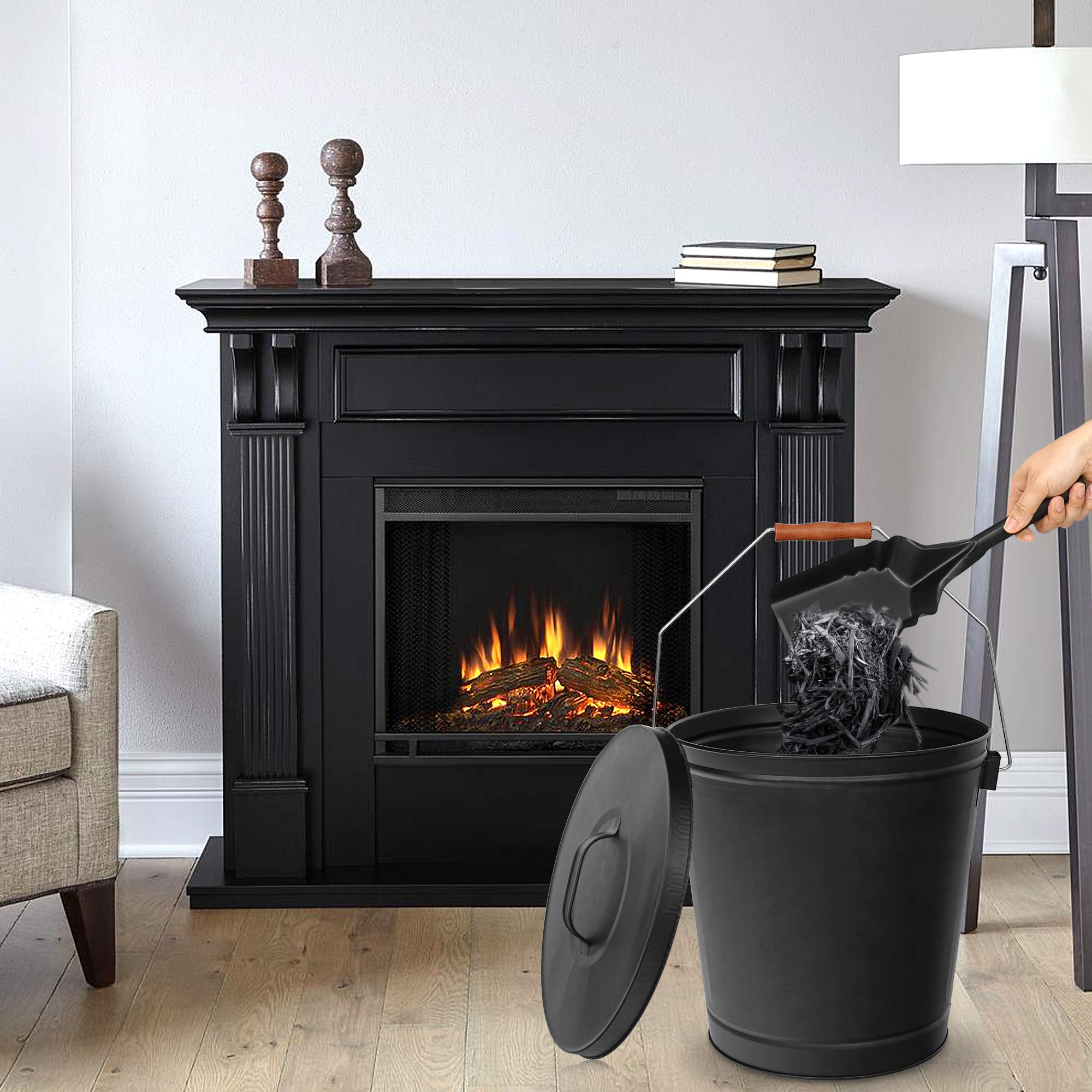 ZENY Fireplace Ash Bucket with Shovel and Lid, Large Size 5 Gallon Coal Bucket Hot Ashes Container Carrier for Fireplace Firepit Wood Stove, Fireplace Tools