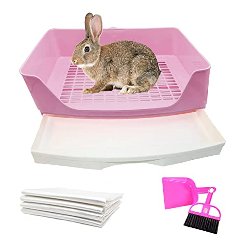 Tfwadmx Large Rabbit Litter Box Bunny Corner Toilet Potty Trainer with Drawer Bigger Pet Pan for Adult Guinea Pigs Chinchilla Hamster Hedgehog and Other Animals (Pink)