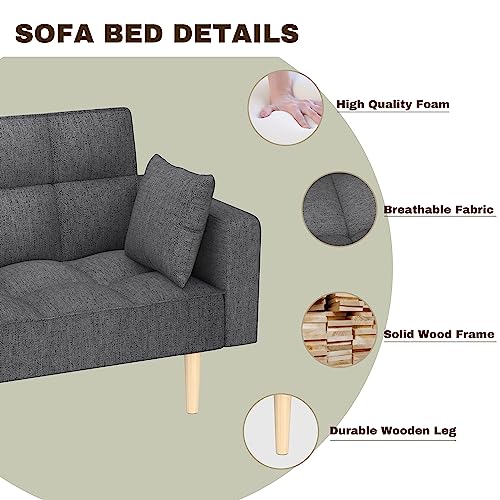 Senfot Sofa Couch, 78”W Sleeper Sofa Bed, Linen Futons with Upholstered Button Tufted Design, Convertible Futons with Thickened Wood Leg for Living Room, Bedroom and Office in Dark Grey