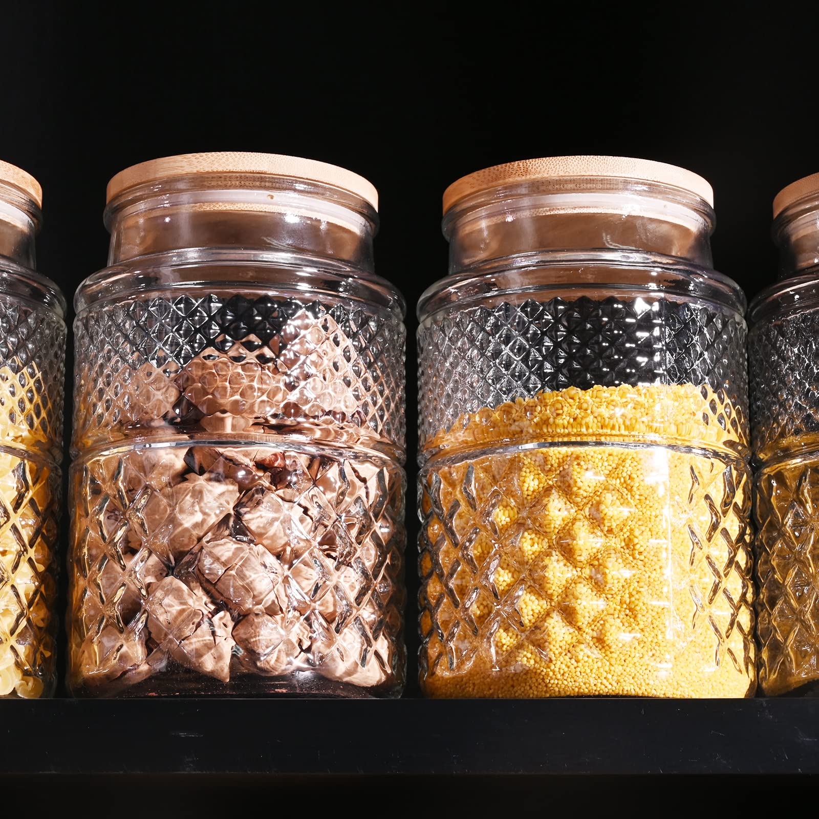 Glass Storage Jars, Kitchen Food Containers with Bamboo Lids, Airtight Embossed Mason Jar, Decorative Cereal Canisters for Candy Snack Cookies Coffee Tea Nuts Bean Countertop(Set of 3,20/40/60)