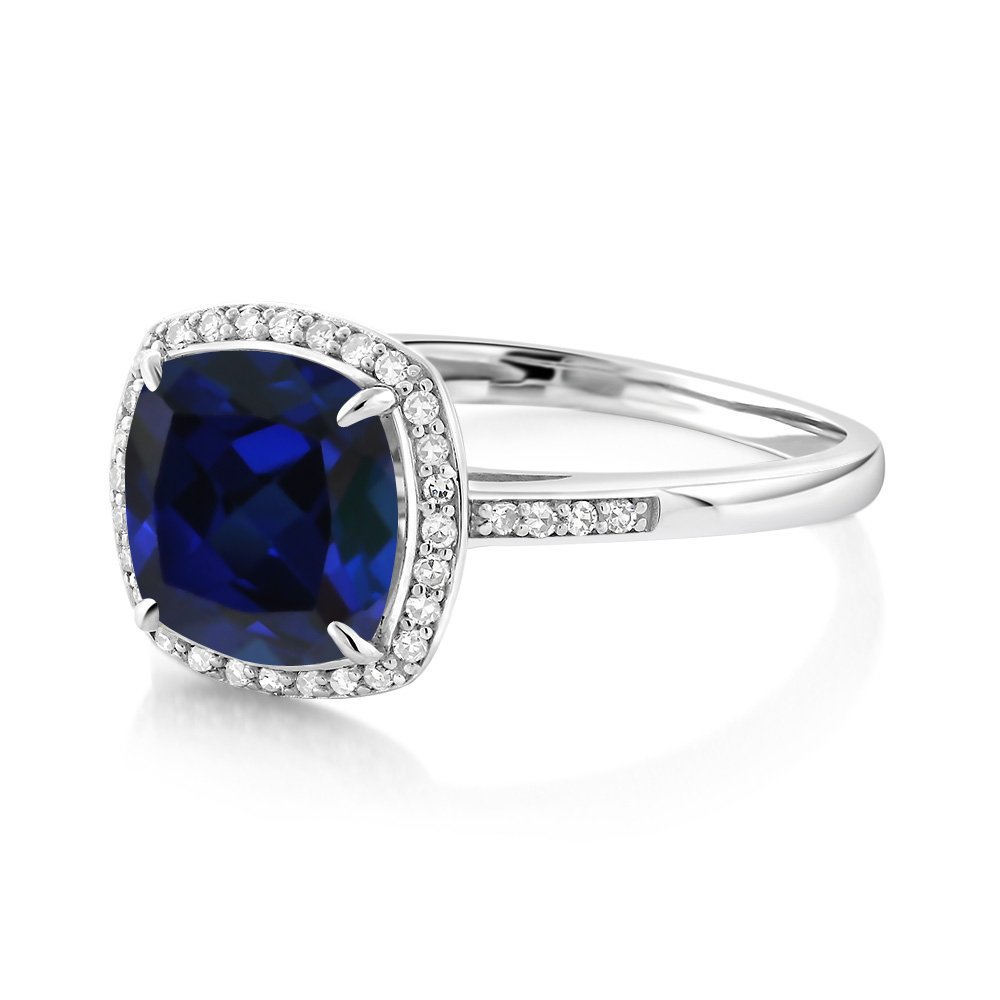Gem Stone King 10K White Gold Blue Created Sapphire and Accent Diamond Engagement Ring For Women (2.50 Cttw, Cushion 8MM, Available In Size 5, 6, 7, 8, 9)